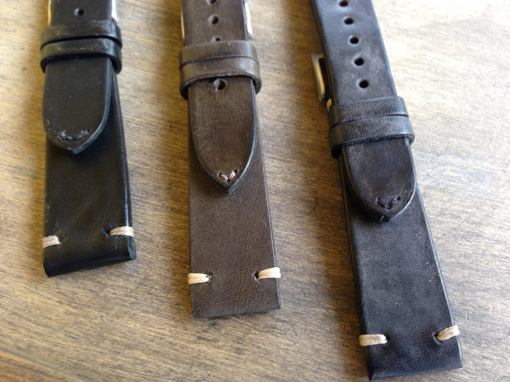 Hand-made 3 leather Straps Set Black / Old Grey/ Wax Black
